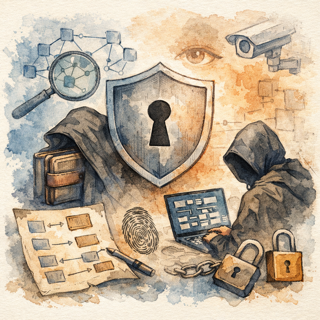 Illustration of blockchain transactions being analyzed and linked to a ...